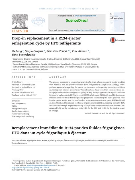 Pdf Drop In Replacement In A R134 Ejector Refrigeration Cycle By Hfo Refrigerants