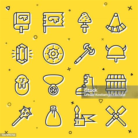 세트 라인 노 또는 외륜선 나무 통 뿔 달린 헬멧을 쓴 바이킹 버섯 방패 바이킹 보석 책 및 중세 장대 아이콘 벡터 가방에 대한