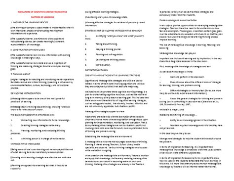 Indicators Of Cognitive And Metacognitive Pdf Metacognition Teachers