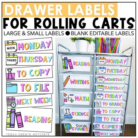 10 Drawer Rolling Cart Labels Editable Bright Classroom Decor Teach