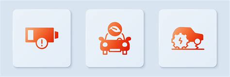 에코 자동차 낮은 배터리 및 전기 서비스를 설정합니다 흰색 정사각형 버튼 벡터 가득 찬에 대한 스톡 벡터 아트 및 기타 이미지