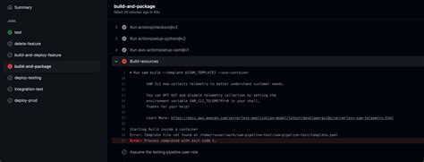 sam pipelines error template file not found during build and package for github actions