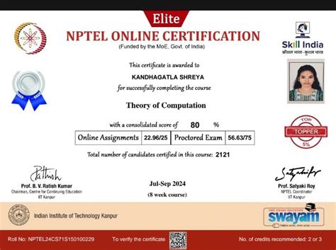 Nptel Theoryofcomputation Elitesilvercertification Iitkanpur Skillindia Nptelcertification