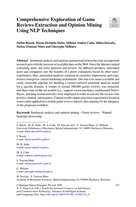 Pdf Comprehensive Exploration Of Game Reviews Extraction And Opinion Mining Using Nlp Techniques