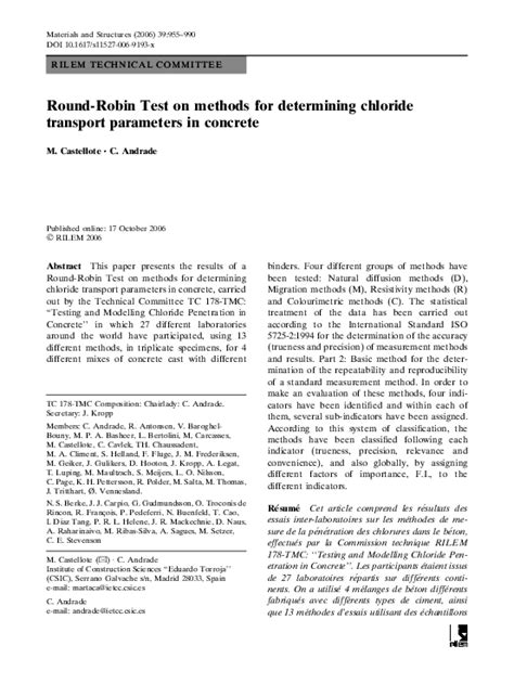 Pdf Round Robin Test On Methods For Determining Chloride Transport Parameters In Concrete