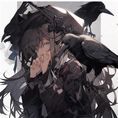 Premium Ai Image Anime Girl With Crow On Shoulder And Black Bird On