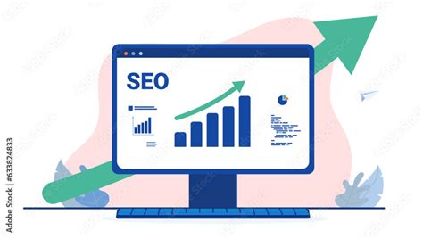 Seo Growth Vector Illustration Of Computer With Search Engine Optimisation Graph Showing