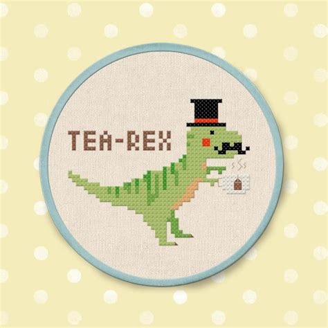 Tea Rex Cross Stitch Pattern Modern Simple Cute Trex Dinosaur Counted Cross Stitch Pattern PDF
