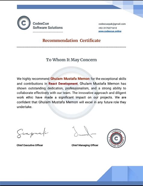 Ghulam Mustafa Memon On Linkedin Recommendation Certificate Internship Achievement Reactjs