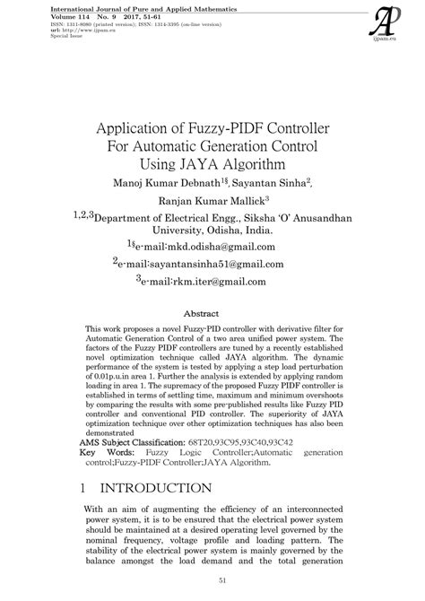pdf application of fuzzy pidf controller for automatic generation control using jaya algorithm