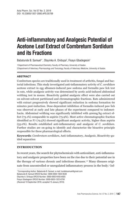 Pdf Anti Inflammatory And Analgesic Potential Of Acetone Leaf Extract Of Combretum Sordidum