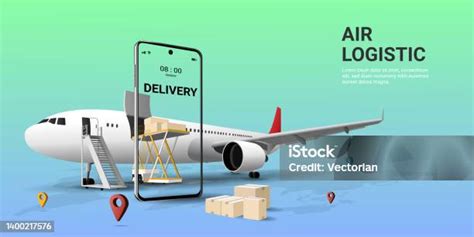 비행기로 모바일에서 온라인 글로벌 운송 배달 서비스 항공화물 물류 온라인 주문 비행기 항공기 창고화물 및 소포 상자 웹 사이트 배너 3d 벡터 일러스트 레이 션 공항에 대한