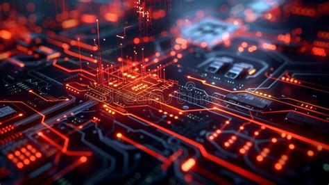 Detailed Close Up Of A High Tech Circuit Board Illuminated By Glowing