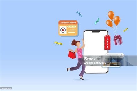 온라인 쇼핑 판촉 및 전자 상거래를 위한 빈 스마트폰 화면을 가진 여성 광고 프로모션 캠페인 템플릿 및 디지털 마케팅용 벡터 그림입니다 Publicity Event에 대한