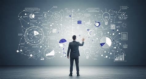 Man In Suit Interacting With Digital Interface Displaying Data Visualizations And Light Bulb