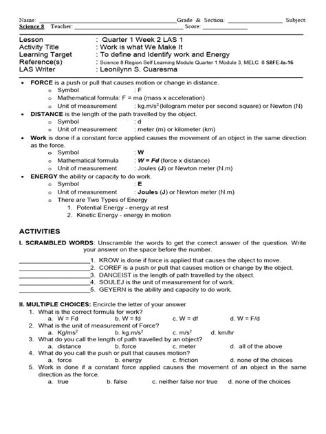 G8 Science Q1 Week 2 Las 1 Pdf Force Nature