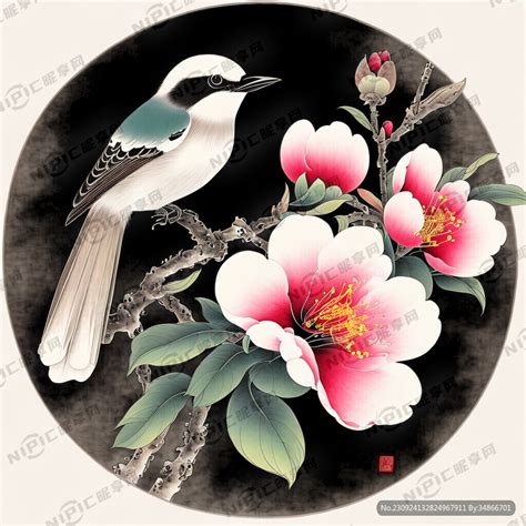 Ai创作图国画中国画两只鸟花鸟画桃花工笔画成双成对 昵图网