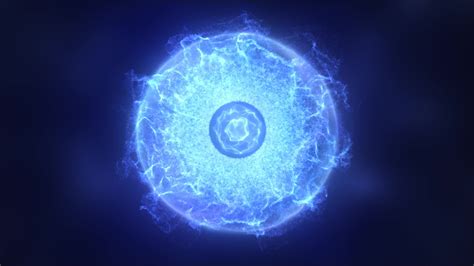 Abstract Blue Sphere Atom With Electrons Flying Glowing Bright Particles And Energy Magic Field