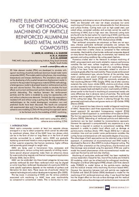 Finite Element Modeling Of The Orthogonal Machining Of Particle Reinforced Aluminum Based Metal