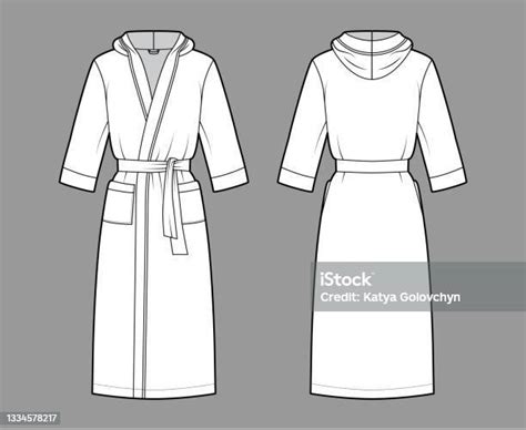 바스로브 후드 드레싱 가운 기술 패션 일러스트와 랩 오프닝 무릎 길이 넥타이 포켓 팔꿈치 소매 0명에 대한 스톡 벡터 아트 및 기타 이미지 Istock