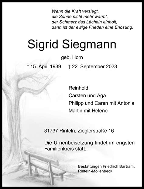 Traueranzeigen Von Sigrid Siegmann Trauer Anzeigen De
