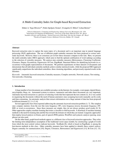 Pdf A Multi Centrality Index For Graph Based Keyword Extraction