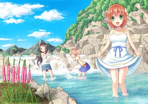 Safebooru 3girls Blue Eyes Brown Hair Dress Green Eyes Hairband Happy