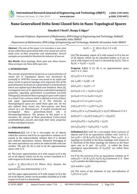 Irjet Nano Generalized Delta Semi Closed Sets In Nano Topological Spaces Pdf
