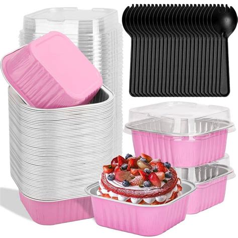 Wudkey Pink Mini Disposable Cake Pans With Lids Aluminum Foil Square