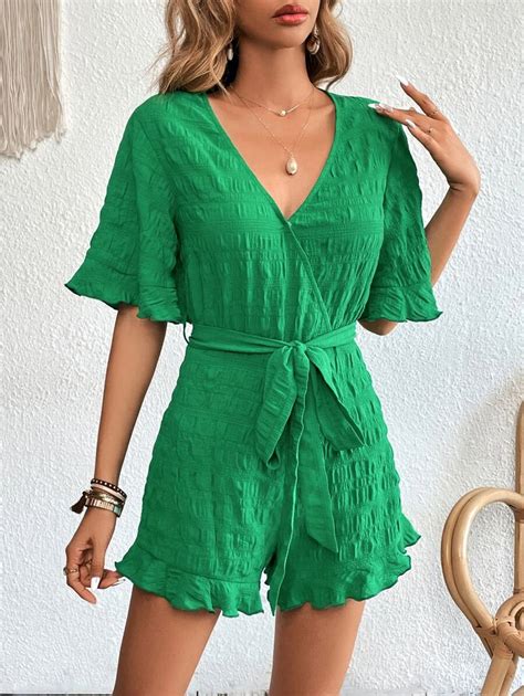 Solid Ruffle Belted Romper Comfy Jumpsuits