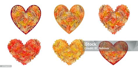 가을의 화려한 오렌지 옐로우 브라운 오크 잎의 하트 모양 세트입니다 수채화 식물 그림입니다 나뭇잎 질감이 있는 템플릿 스티커 추수 감사절 할로윈 포스터 10월에 대한 스톡