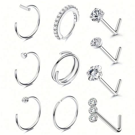10pcs Micro 20g L Shaped Gold Color Nose Ring Set Womens Nose Piercing Nose Hoop 316l