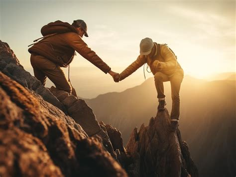Premium Photo Helping Hand On The Top Hiker With Backpack Helps Other