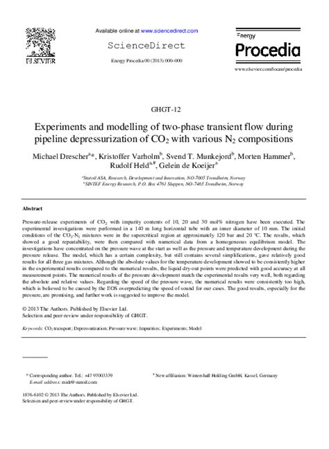 Pdf Experiments And Modelling Of Two Phase Transient Flow During Pipeline Depressurization Of