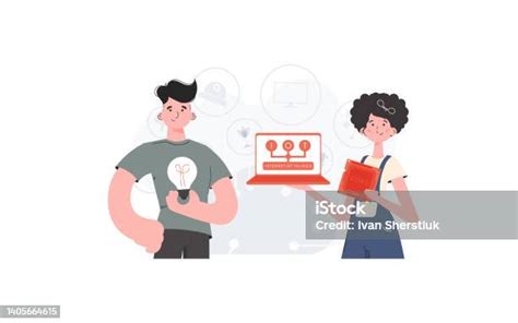 소녀와 남자는 사물 인터넷 분야의 팀입니다 Iot 개념 프리젠 테이션 및 웹 사이트에 좋습니다 트렌디 한 평면 스타일의 벡터 일러스트레이션 0명에 대한 스톡 벡터 아트 및