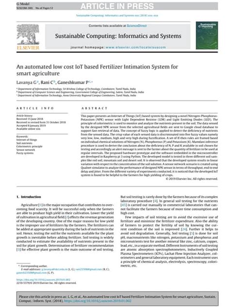 An Automated Low Cost Iot Based Fertilizer Intimation System Forsmart Agriculture Pdf
