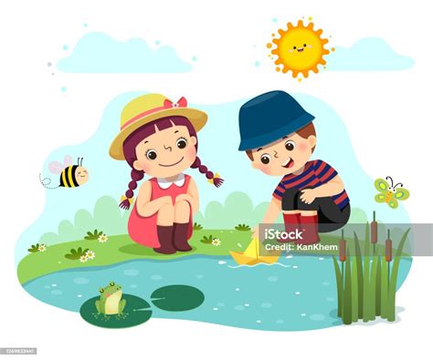 연못에서 종이 보트와 함께 노는 두 어린 아이들의 벡터 일러스트 만화 아이에 대한 스톡 벡터 아트 및 기타 이미지 아이