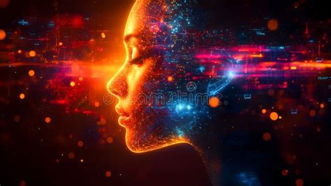 Futuristic Digital Human Profile With Glowing Neural Networks And Data Streams Stock