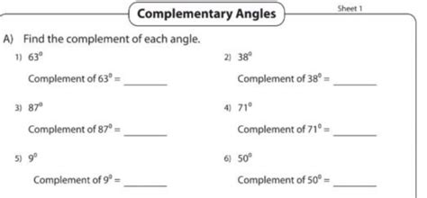 Complementary Angles Sheet 1 A Find The Complement Of Each Angle 1 63