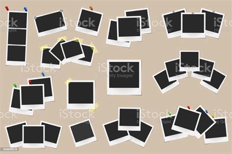 스티커 테이프 핀 및 리벳을 베이지색 배경에 고립에 현실적인 벡터 사진 프레임의 집합입니다 템플릿 사진 디자인입니다 벡터 일러스트 레이 션 0명에 대한 스톡 벡터 아트 및