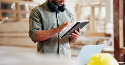 Man Architecture And Tablet To Browse Internet For Building Research And Ideas Or Design