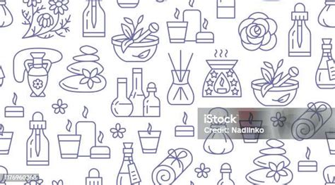 벡터 플랫 라인 아이콘 아로마 테라피 원활한 패턴 에센셜 오일 벡터 배경 디퓨저 아로마 양초 허브 맛 돌 마사지 스파 로션 물리 치료 클리닉의 배경 건강관리와 의술에 대한