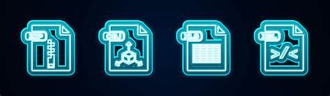 세트 Zip 파일 문서 Obj Xls 및 Xsl을 설정합니다 빛나는 네온 아이콘 벡터 개념에 대한 스톡 벡터 아트 및 기타 이미지 Istock