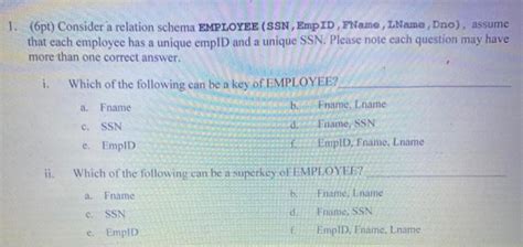 Solved 1 Pt Consider A Relation Schema Employee Ssn