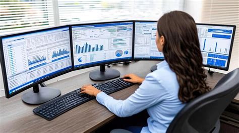 Person Behind Of A Multimonitor Computer Or One Pc Work With Graphs Or
