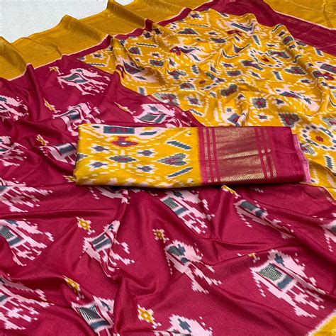Pink And Yellow Patola Printed Dola Silk Saree