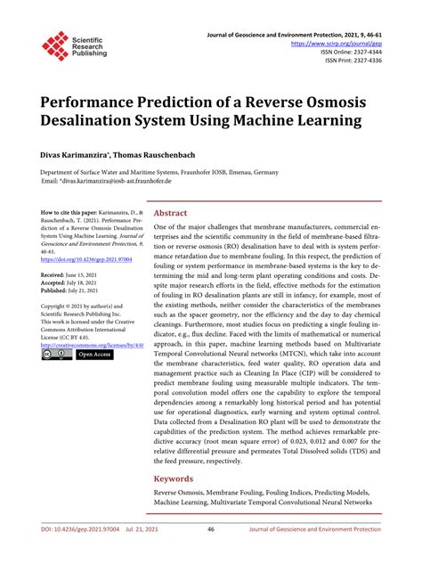 pdf performance prediction of a reverse osmosis desalination system