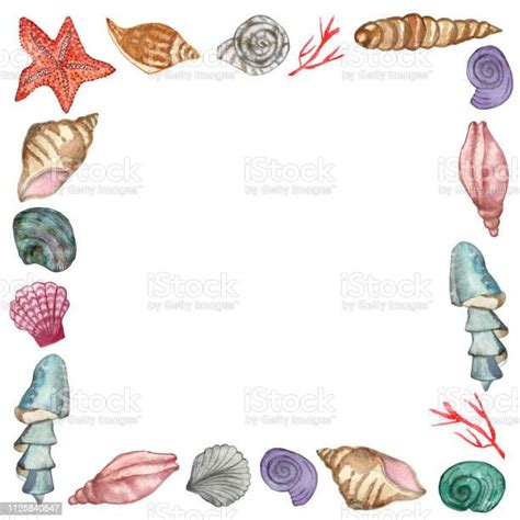 바다 조개의 사각 프레임 그린 수채화 흰색 배경에 고립 손으로 그린 아름 다운 초대 디자인 인사장 포스터 및 가방에 대 한 조개 불가사리 고 붉은 산호입니다 0명에 대한