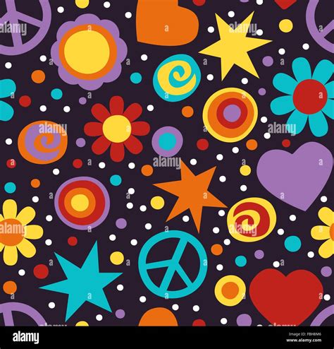 Colorful Hippie Seamless Pattern With Peace Signs Hearts And Flowers