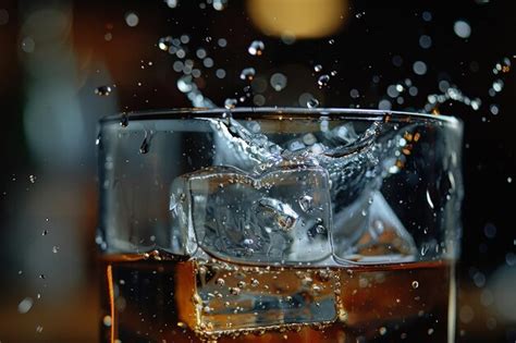 An Ice Cube Creates A Splash In A Glass Of Sparkling Water In A